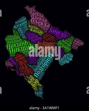 Montenegro regions map word cloud. Montenegro region names. Black and ...