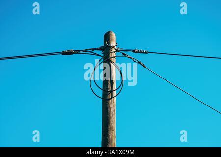 Landline telephone cable and wooden post against blue sky Stock Photo ...
