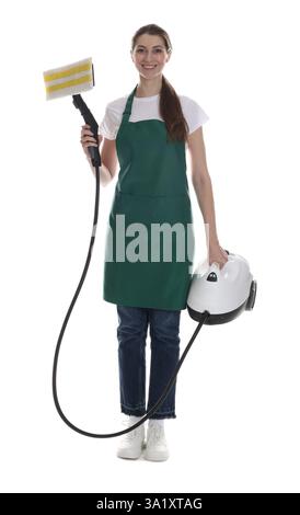 Smiling cleaning service worker with steam cleaner on white background ...