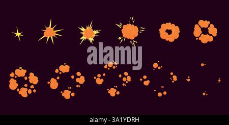 Explosion fire animation set on black background. Vector cartoon ...