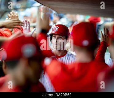 Philadelphia Phillies outfielder Max Kepler (17) catches a flyout hit ...