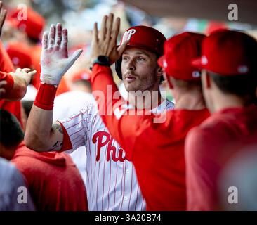 Philadelphia Phillies outfielder Max Kepler celebrates scoring in the ...