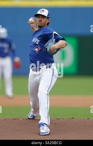 Toronto Blue Jays pitcher Kevin Gausman reacts to the crowed after pitching a complete baseball ...