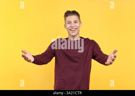Happy man welcoming friends or guests on white background Stock Photo ...