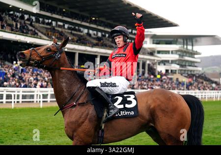 Patrick Wadge aboard Myretown after winning the Ultima Handicap Chase ...