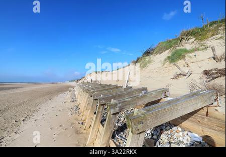 Wissant (northern France), 2024/05/22: coastal erosion. Wooden ...
