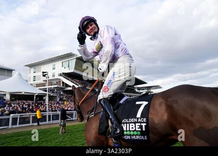 Jockey Lorcan Williams celebrates on Golden Ace after winning the ...
