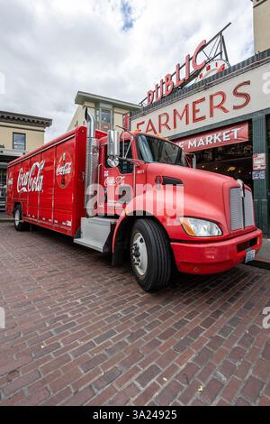 A Coca-Cola truck is parked at Pike Place Market in Seattle, WA. The ...