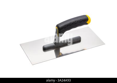 Trowel with black-yellow handle to the smoothing of plaster isolated on ...