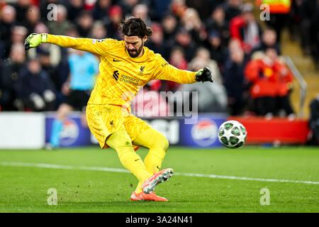Alisson Becker of Liverpool takes a goal kick during the Premier League ...