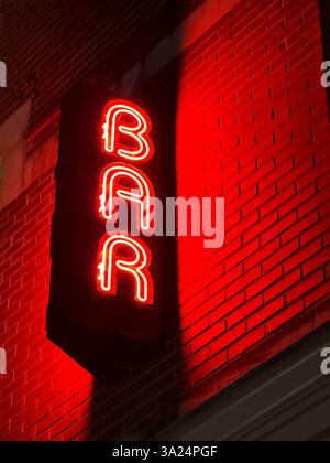 Neon red bar sign on building exterior at night, New York City, New ...