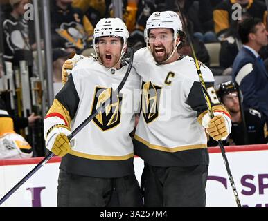 Vegas Golden Knights defenseman Noah Hanifin (15) fights with Edmonton ...