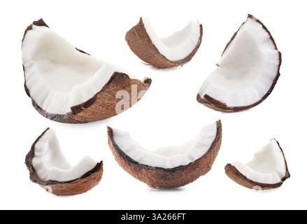 Collage of broken coconut pieces isolated on white background Stock ...