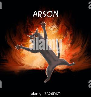 Cat in fire meme. Hell art illustration. Greeting card. Hand draw ...