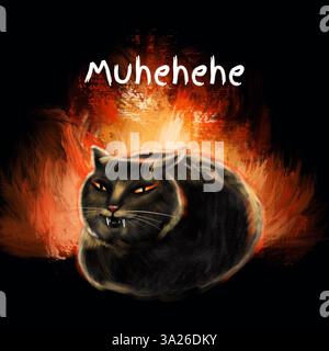 Cat in fire meme. Hell art illustration. Greeting card. Hand draw ...