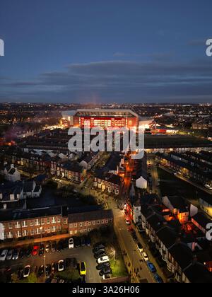 Aerial night view of Anfield Stadium, home of Liverpool FC, glowing ...