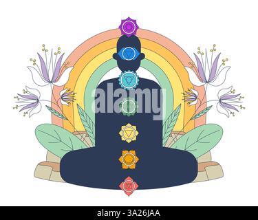 Chakras energy balance and spiritual alignment line illustration ...