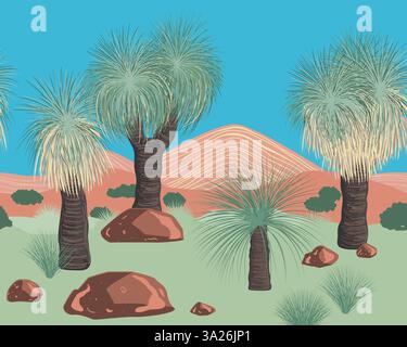 Xanthorrhoea tree and mountains landscape seamless pattern. The Grass ...