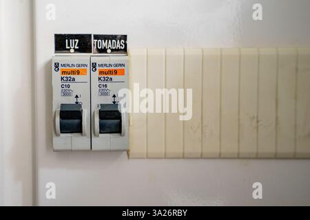 Electrical panel with 10A, 16A and 25A circuit breakers Stock Photo - Alamy