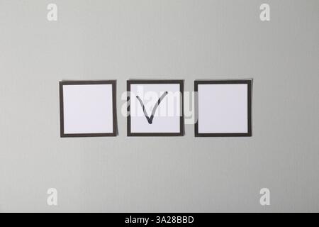 One checkbox with tick mark among others on light blue background, flat ...