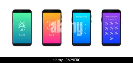 Different smartphone security options: touch id, face id, pattern, and ...