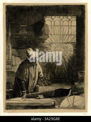 Rembrandt’s etching demonstrates his fine control over light and shadow ...