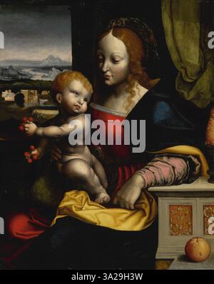 The Madonna of the Cherries, painted by Joos van Cleve between 1525 and 1549, depicts Mary with ...