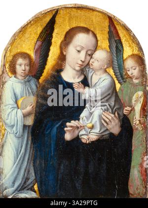 This artwork depicts the Madonna and Child, accompanied by a scroll ...