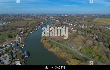Aerial view of the River Thames at Laleham, Spelthorne, Surrey, UK ...