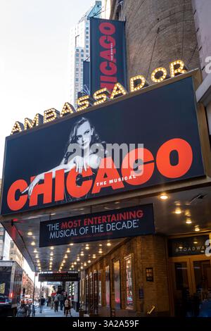Ambassador Theatre facade with Chicago musical sign at night, New York ...