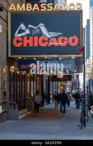 Ambassador Theatre facade with Chicago musical sign at night, New York ...