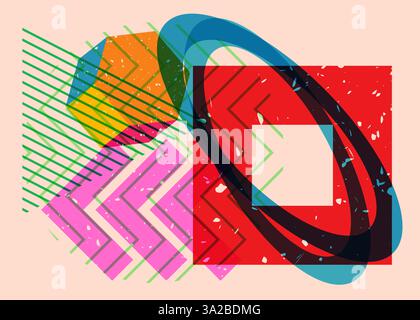 Colorful geometric shapes. Object in trendy riso graph design. Geometry elements abstract ...