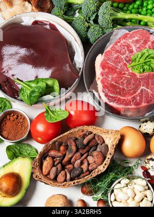 Food containing natural iron. Fe: Liver, avocado, broccoli, spinach ...