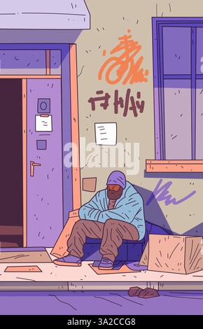Homelessness urban street scene man sitting cardboard boxes graffiti ...