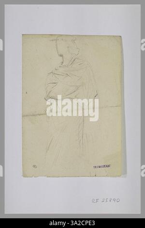 A draped woman standing in a three-quarters view to the left. The ...