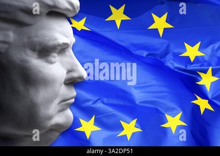 FOTOMONTAGE, Trump-Büste vor EU-Fahne in Scherben und Schild mit Aufschrift Tariff Deal ...