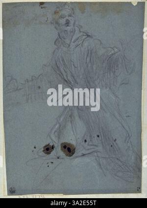 This depiction of a kneeling monk with arms outstretched shows the ...