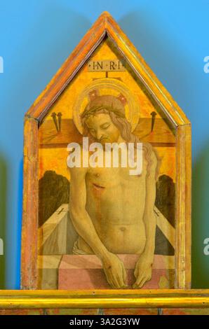 This painting by Carlo Crivelli depicts the Virgin Mary and Child seated on a throne surrounded ...