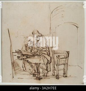 A dramatic scene depicts two figures in distress, one kneeling while ...