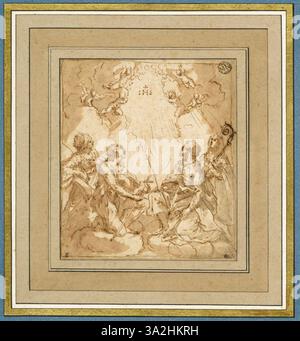 This artwork depicts four figures in a posture of kneeling and ...