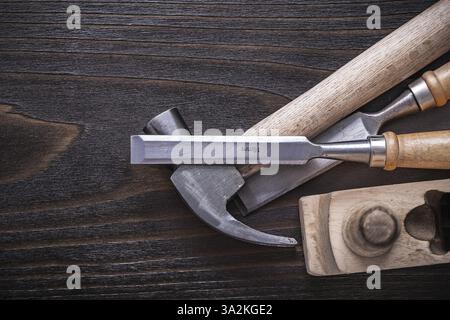 Wooden hammer firmer chisels planer on wood board Stock Photo - Alamy