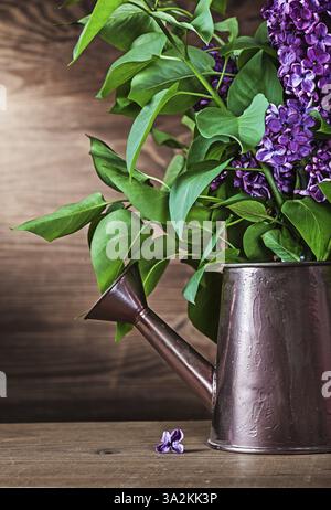 lilac flowers in vintage watering can on wood Stock Photo - Alamy