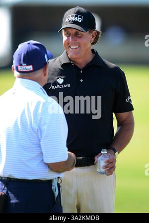 Phil Mickelson smiles on the putting green during the Par Three ...