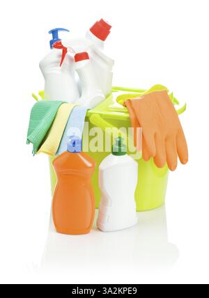 Set of buckets and cleaning supplies on white background Stock Photo ...