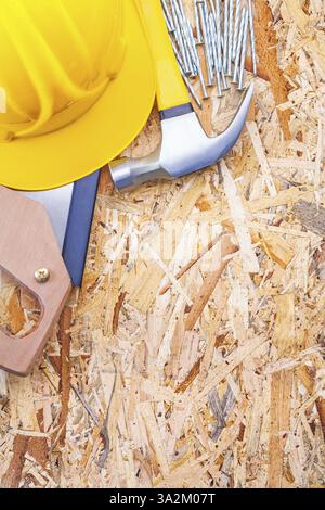 set of carpentry tools claw hammer protective gloves wooden meter ...