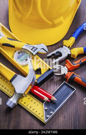 square ruller helmet hammer nippers pliers wrench tapeline pencils o ...