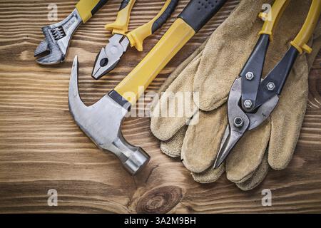 Safety gloves pliers steel wire cutter claw hammer copy space Stock ...