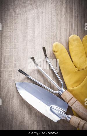 Leather protective gloves agriculture trowel fork and hand spade on ...