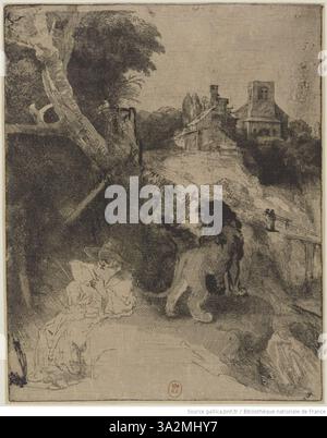 This artwork by Rembrandt features a strong contrast between light and ...