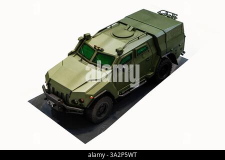 Military cars, trucks, models on a white background, at a military ...